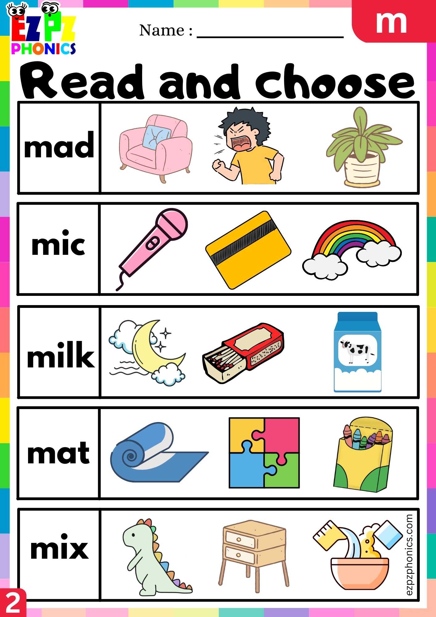 Group2 Letter M Read And Choose Beginning Sounds Worksheet - ezpzphonics.com